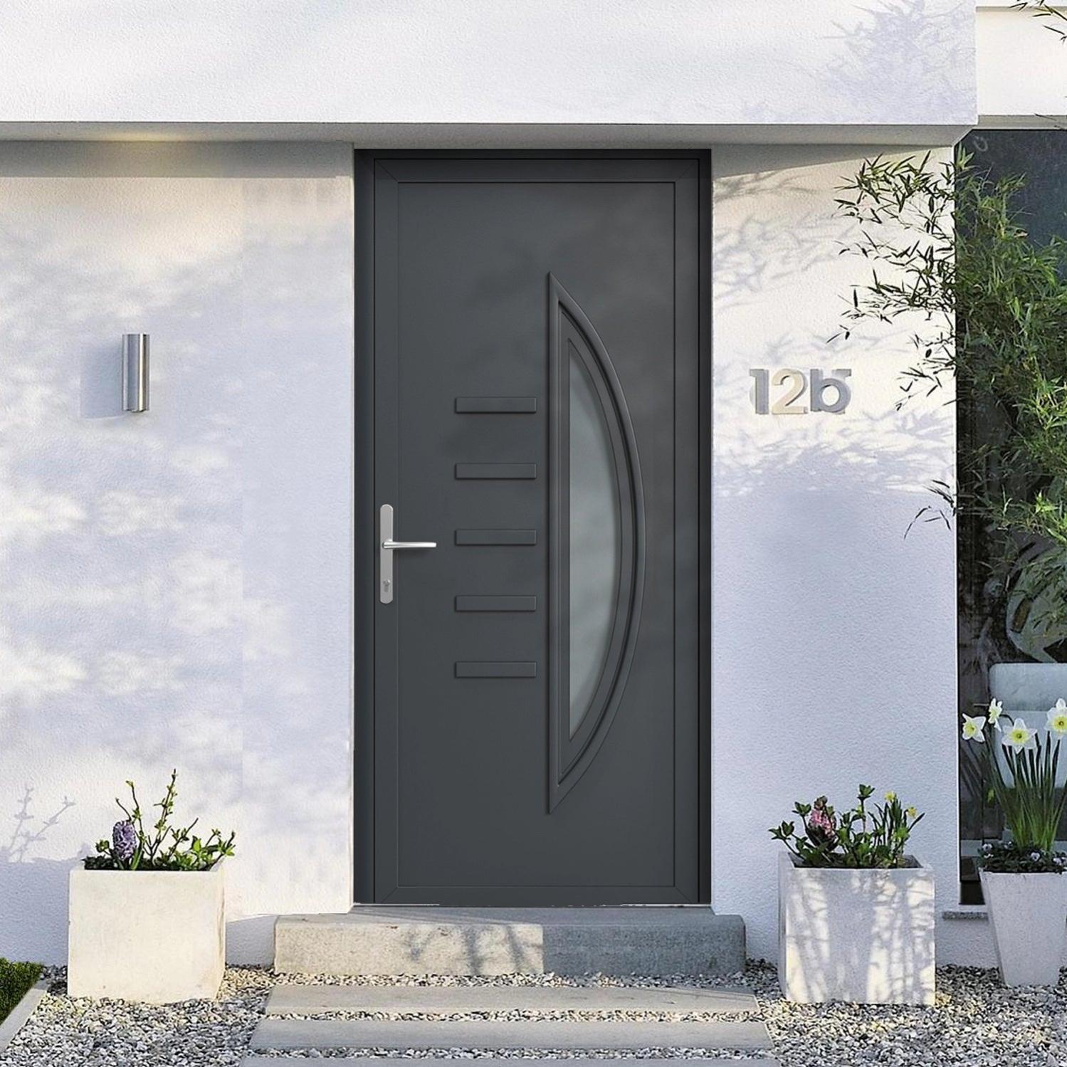Porte d'entrée vitrée PVC gris anthracite demi lune vitrage mandalin H ...