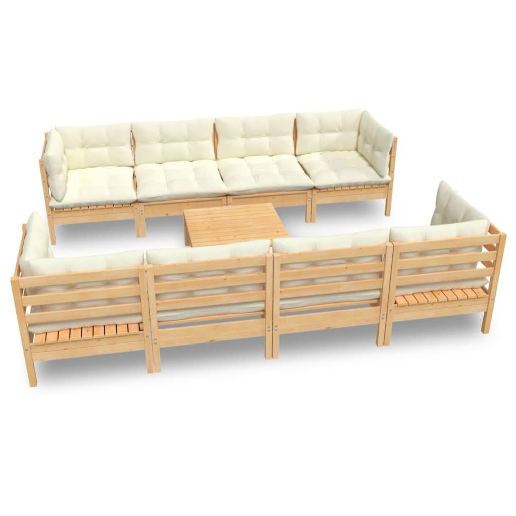 Muebles de jardín de 9 piezas con cojines color crema en madera maciza ...