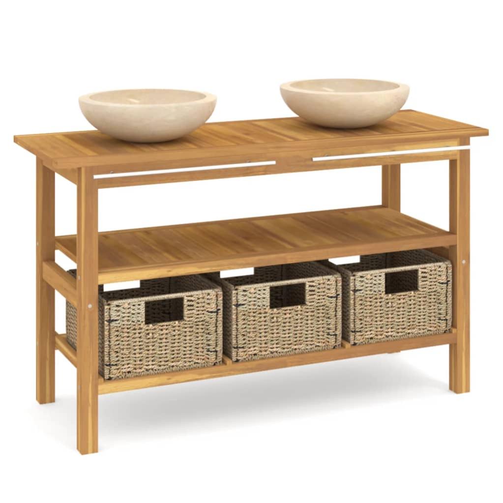 Mobile da bagno e lavandini in marmo color crema in teak massello ...