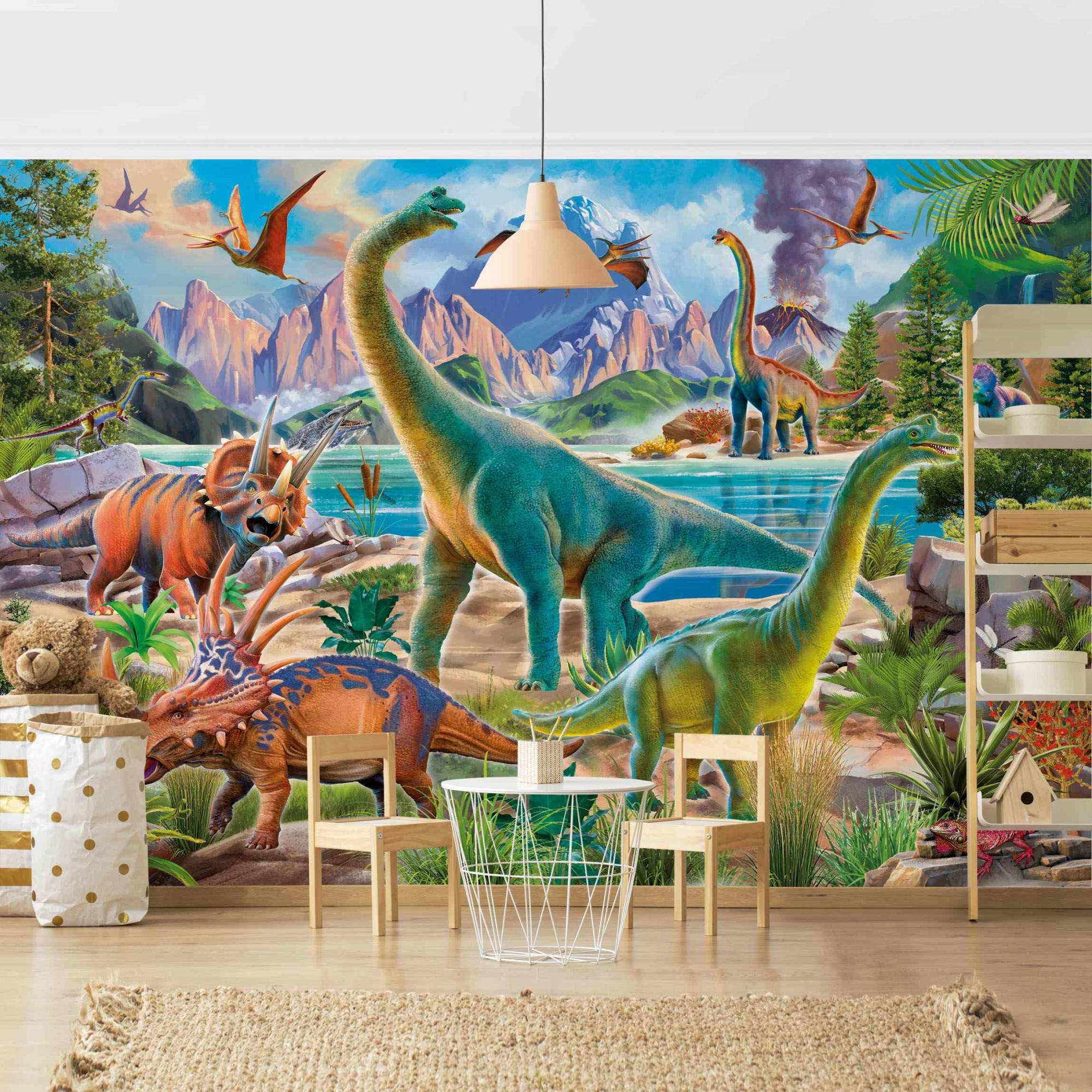 Papier peint panoramique dinosaure Brachiosaure et triceratops animaux 282 - chambre enfant ...