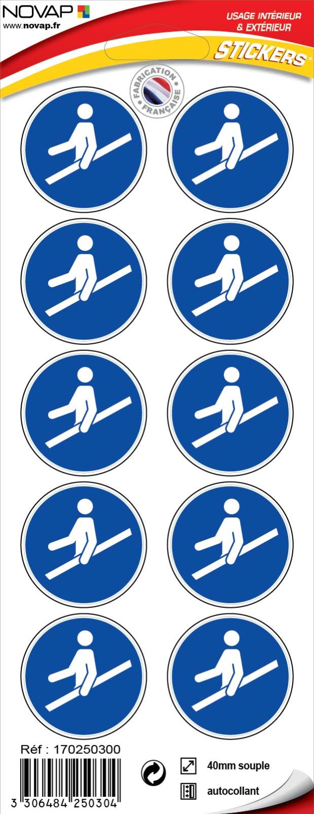 Planche 10 Stickers Ø 40mm - Obligation utiliser la main courante ...