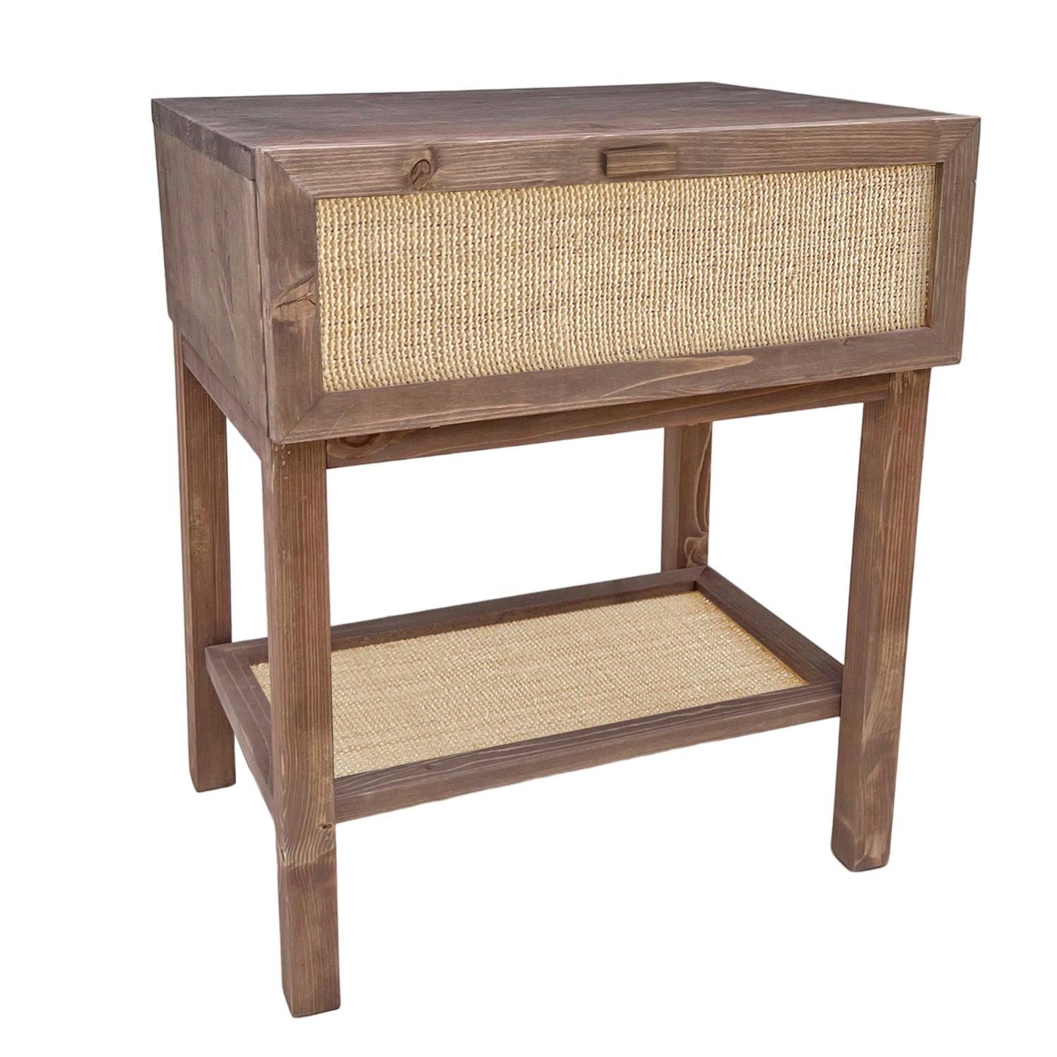 Table de chevet en bois sombre avec étagère et tiroir en raphia | Leroy ...