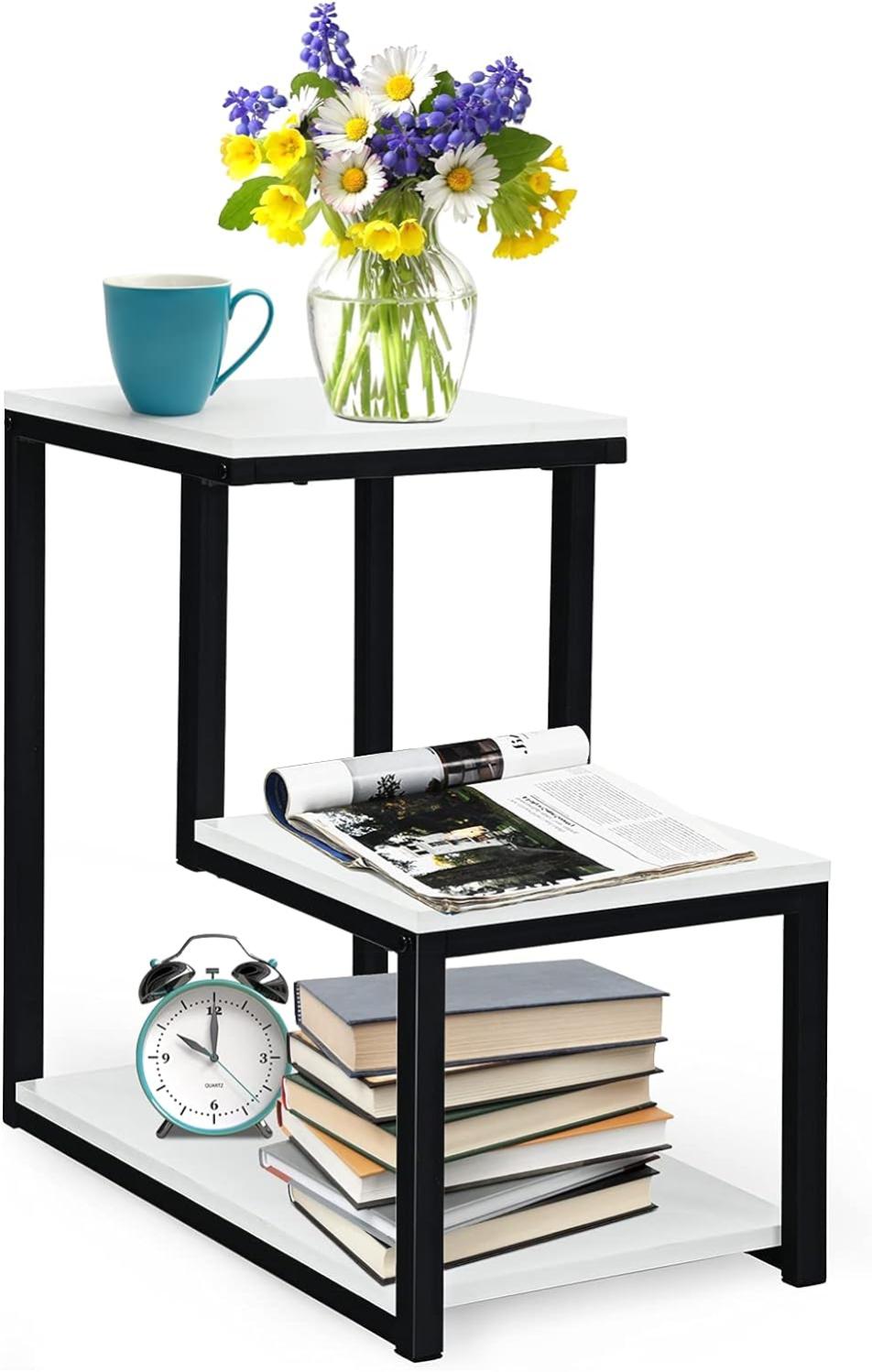 Table d’Appoint a 2 Niveaux, Table de Chevet en Escalier avec Cadre en Metal, Bout de Canape au ...