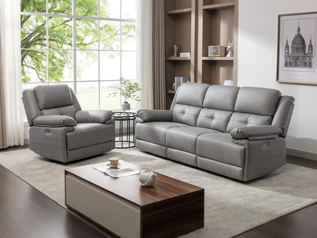 Canapé 3 places et fauteuil relax électrique en tissu gris DOLENE ...