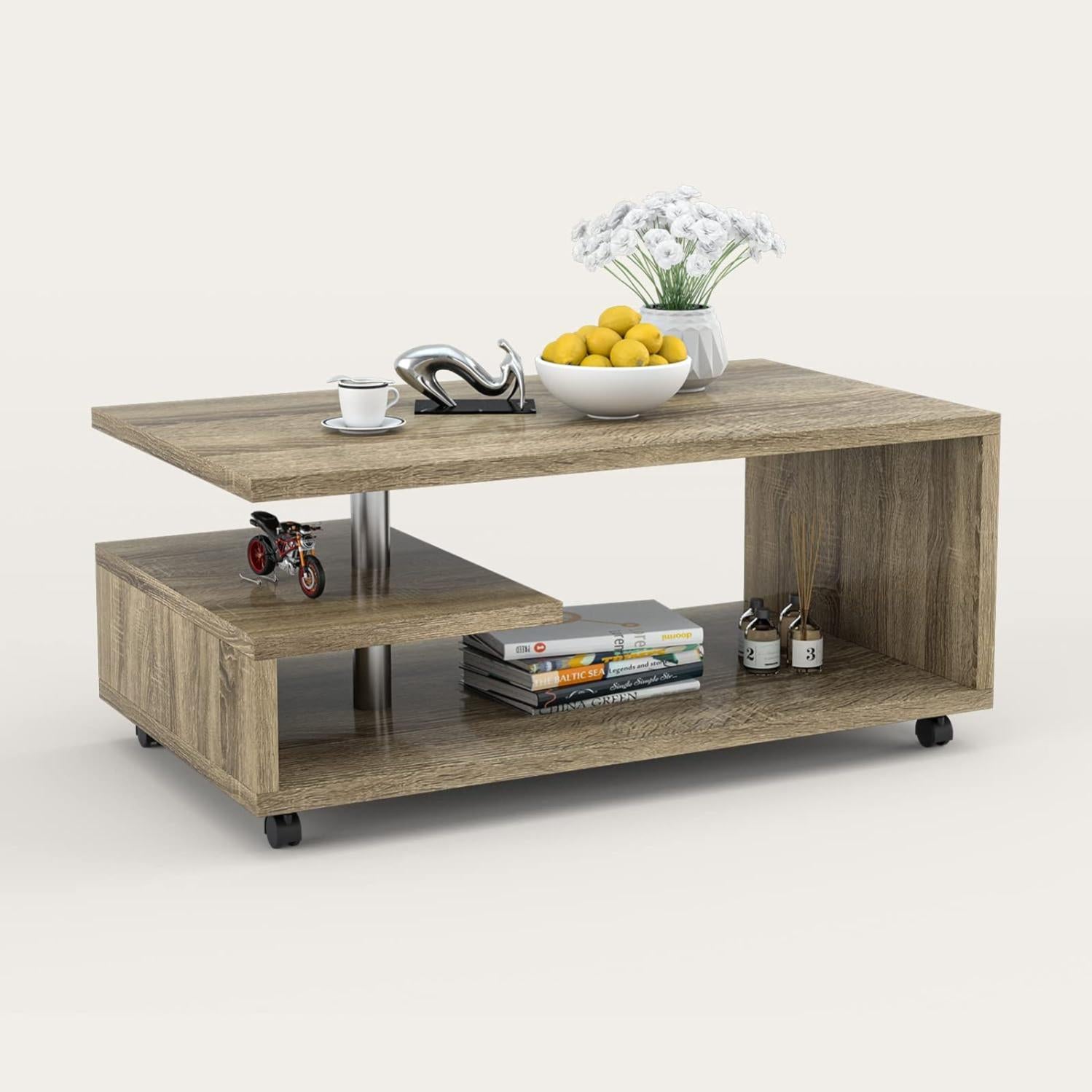 Table Basse avec Plateau Spacieux et 3 Etageres Ouvertes, Table Basse ...