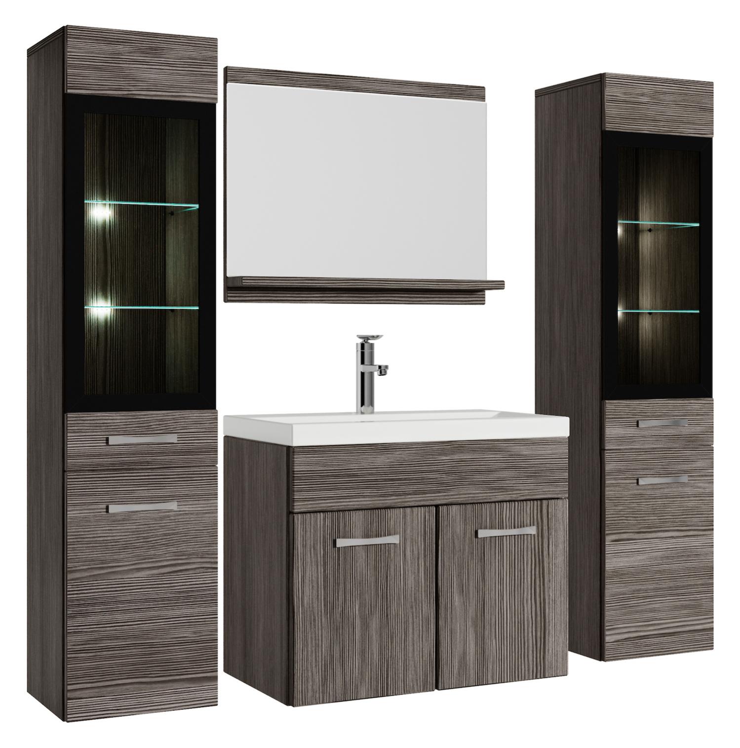 Meuble de salle de bain Rio XL LED 60 cm lavabo Chene Gris - Armoire de ...