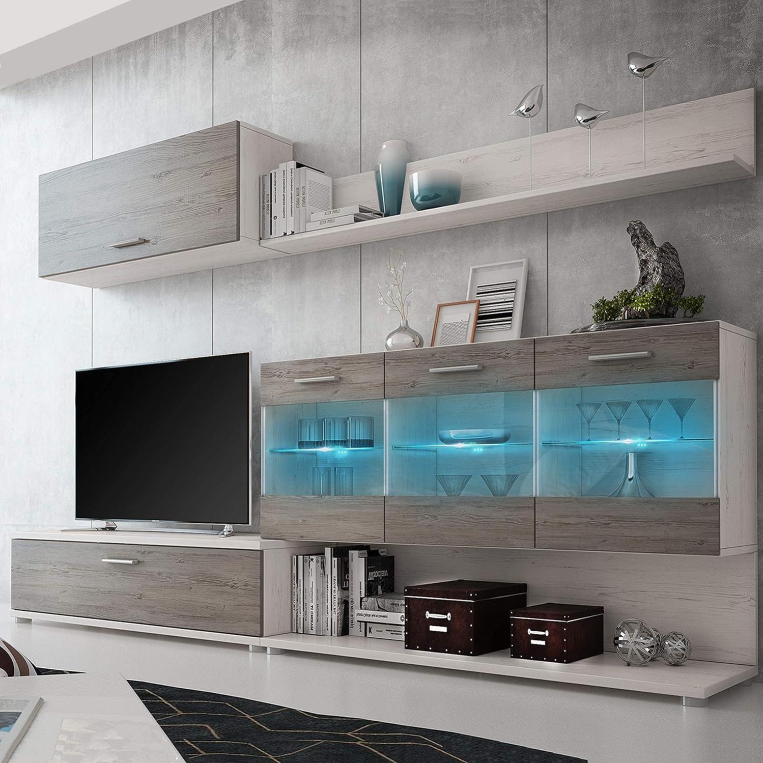 Mueble de Salón con Leds, Módulos de Comedor, Acabado en Andersen Pino ...