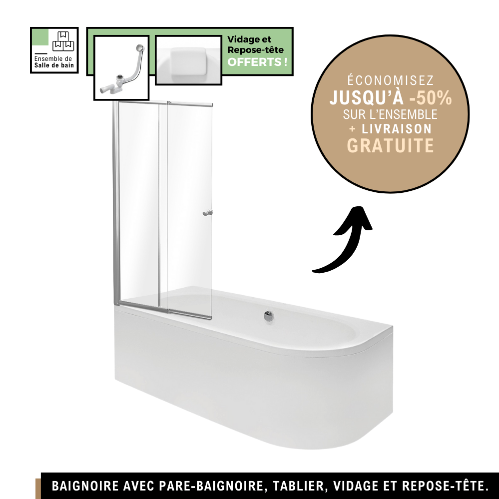 Baignoire 180x80 AVITA Droite,avec pare-baignoire pivotant coulissant ...