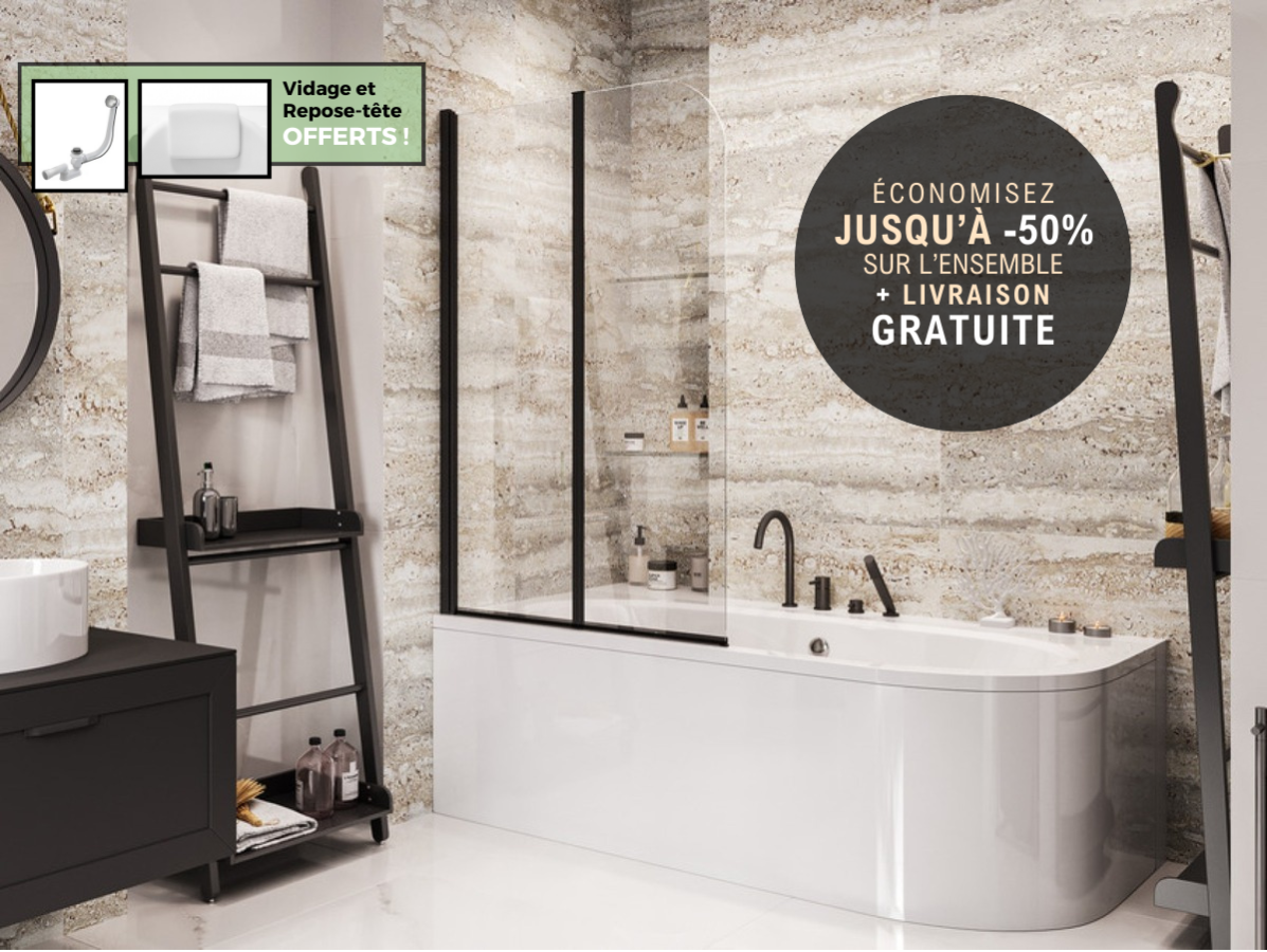 Baignoire 180x80 AVITA Droite,avec pare-baignoire pivotant noir 90 cm PRIME 2,Tablier blanc ...