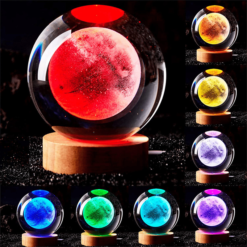 Veilleuse LED, lampe de table boule de cristal 3D USB sept couleurs ...