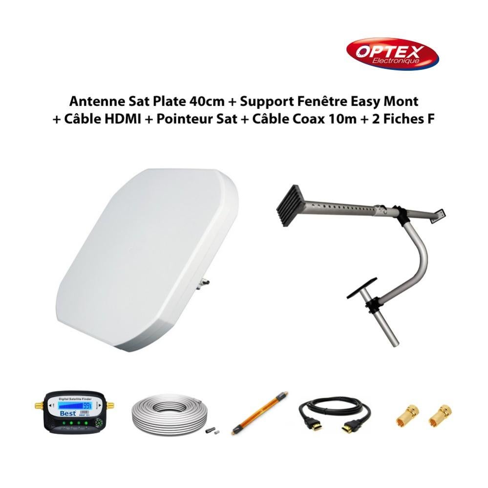 Antenne Sat Plate 40cm + Support Fenêtre Easy Mont + Câble Passe ...