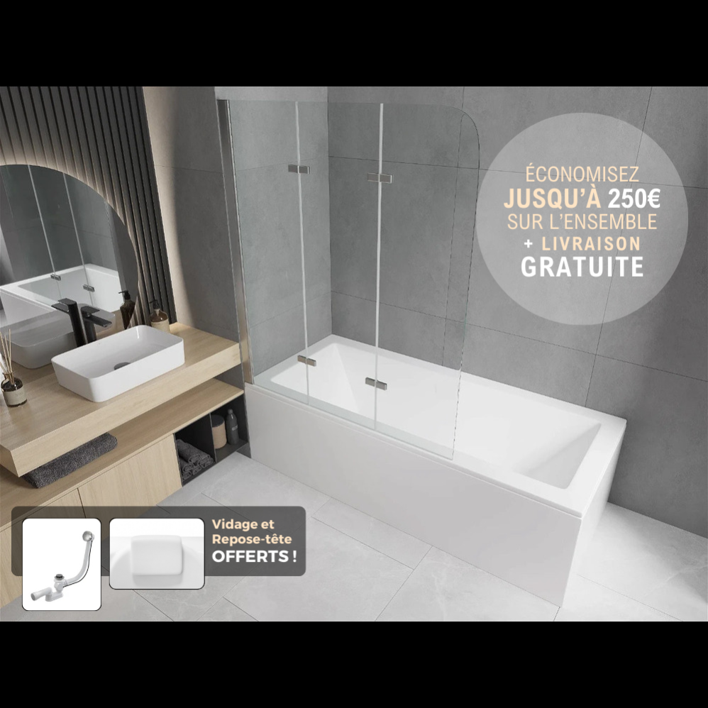 Baignoire blanc 150x70 MODERN - avec pare-baignoire pivotant chrome 120 ...
