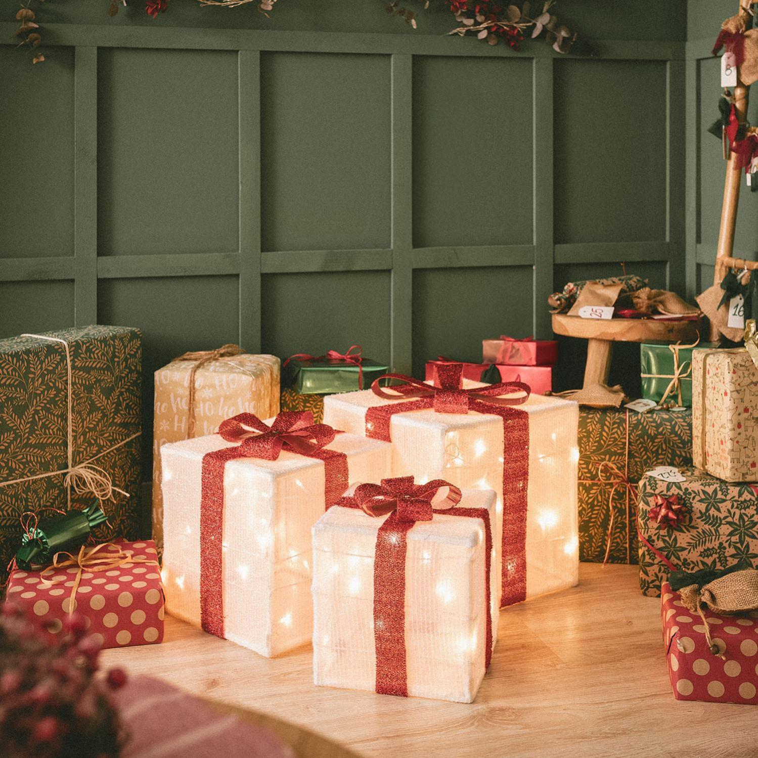 Pack de 3 Boîtes Cadeaux de Noël LED à Piles Noelle Blanc / Rouge ...