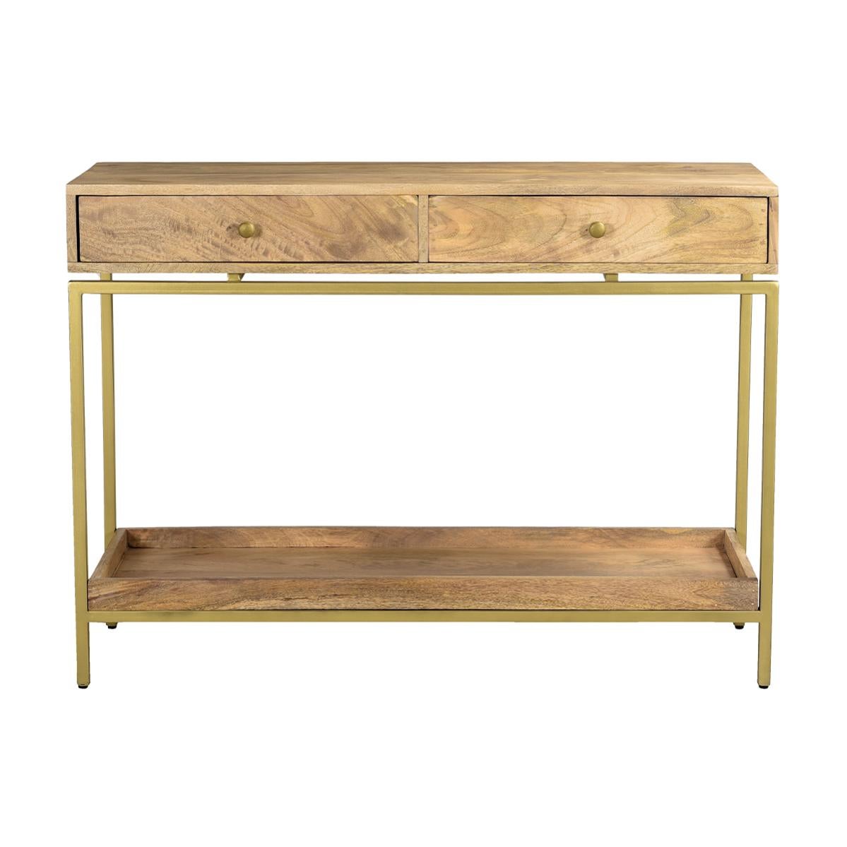 Console avec rangements 2 tiroirs bois manguier massif et métal doré ...