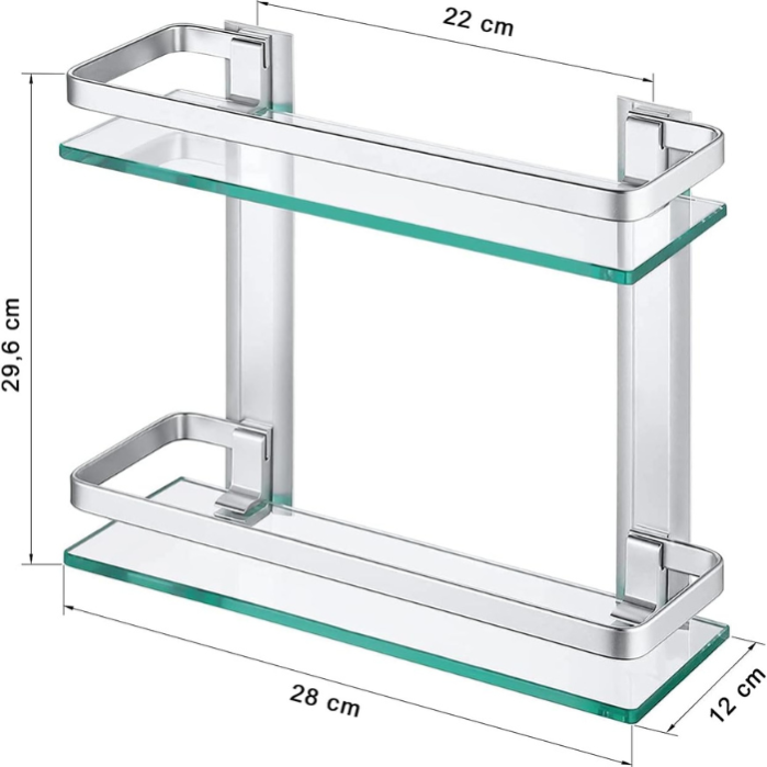 Mensola da Bagno Alluminio Mensole Doccia Parete 2 Ripiani 8 mm vetro temperato 12P x 28,5 L x ...