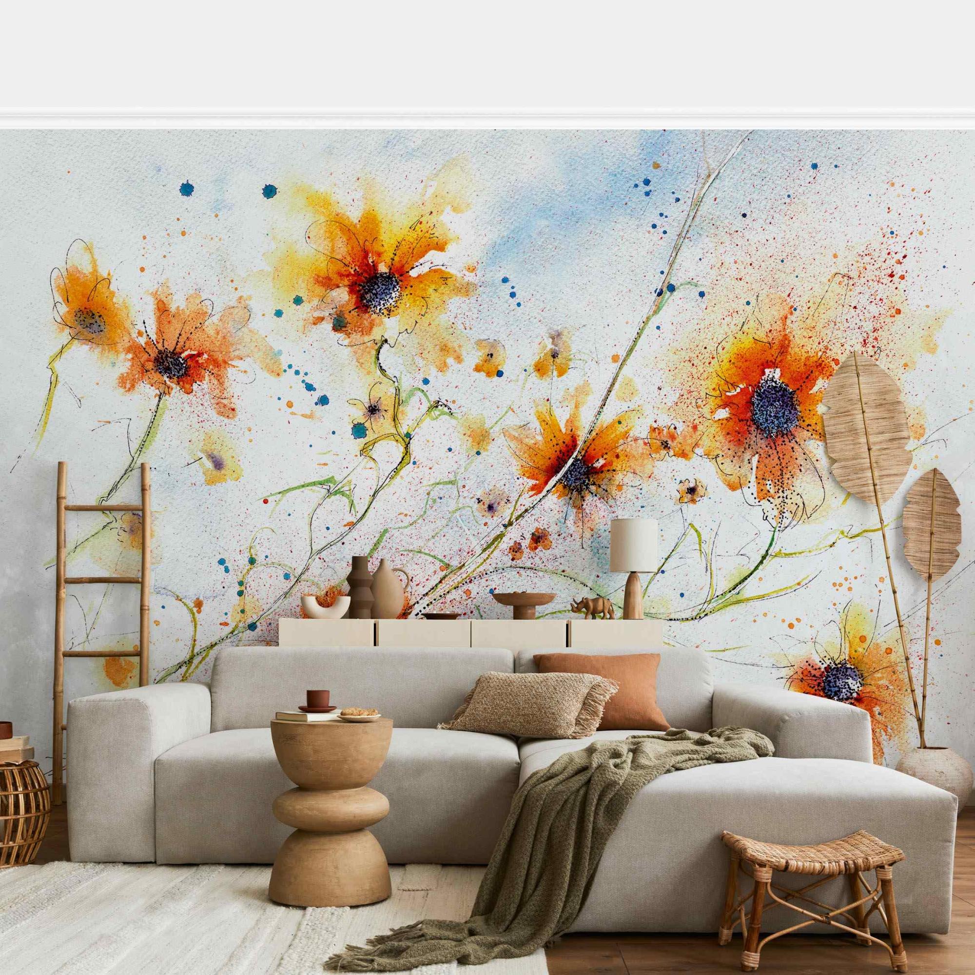 Papiers peint panoramique fleurs art aquarelle 84 - salon chambre cuisine entrée - Intissé 336 x ...