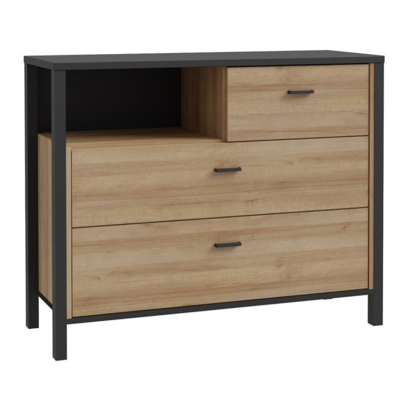 Commode 105 cm 3 tiroirs 1 niche décor bois chêne et noir - MODE ...
