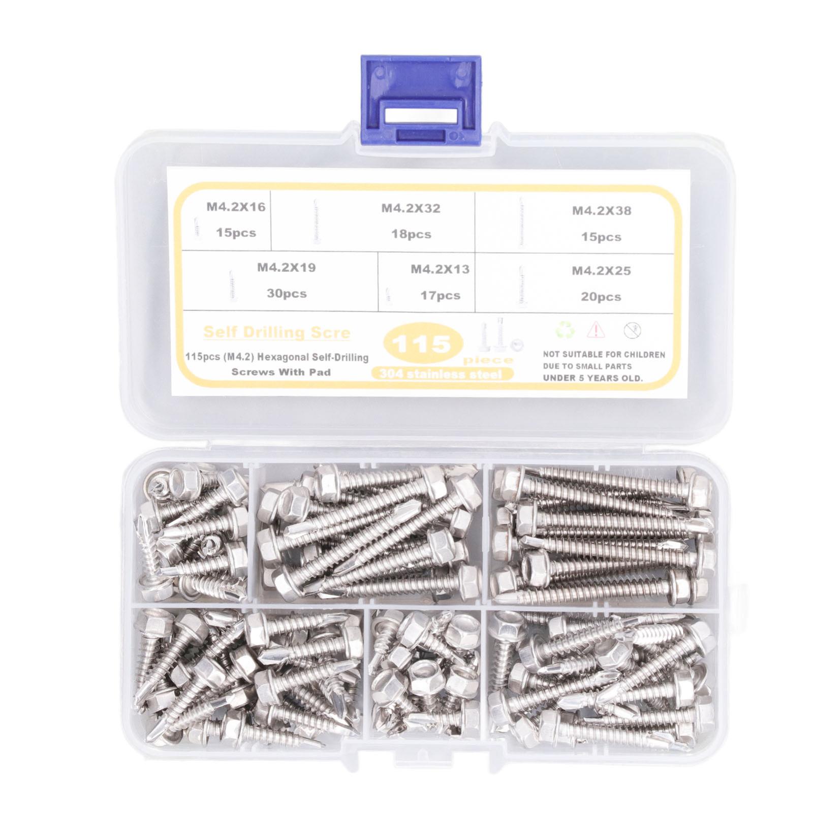 Ensemble de 115 vis autotaraudeuses hexagonales M4.2 en acier inoxydable 304 à haute dureté avec ...