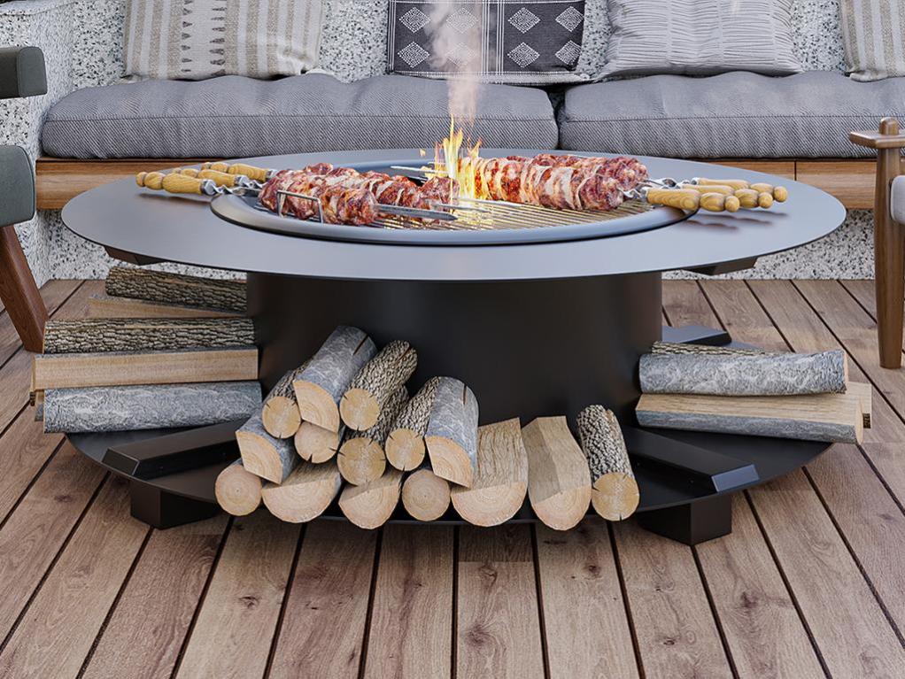 Brasero plancha grill avec range-bûches - L120 x l120 x H40 cm ...