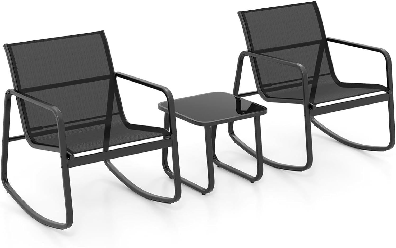 Salon de Jardin 3 Pièces-2 Chaises à Bascule avec Table Basse en Verre ...