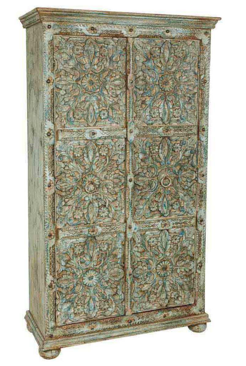 Armoire, placard en bois sculpté avec 2 portes coloris vert clair ...