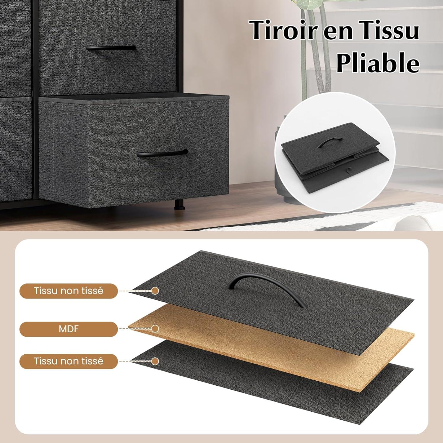 Commode en Tissu à 8 Tiroirs Pliables, Châssis en V Renforcé & Cadre ...