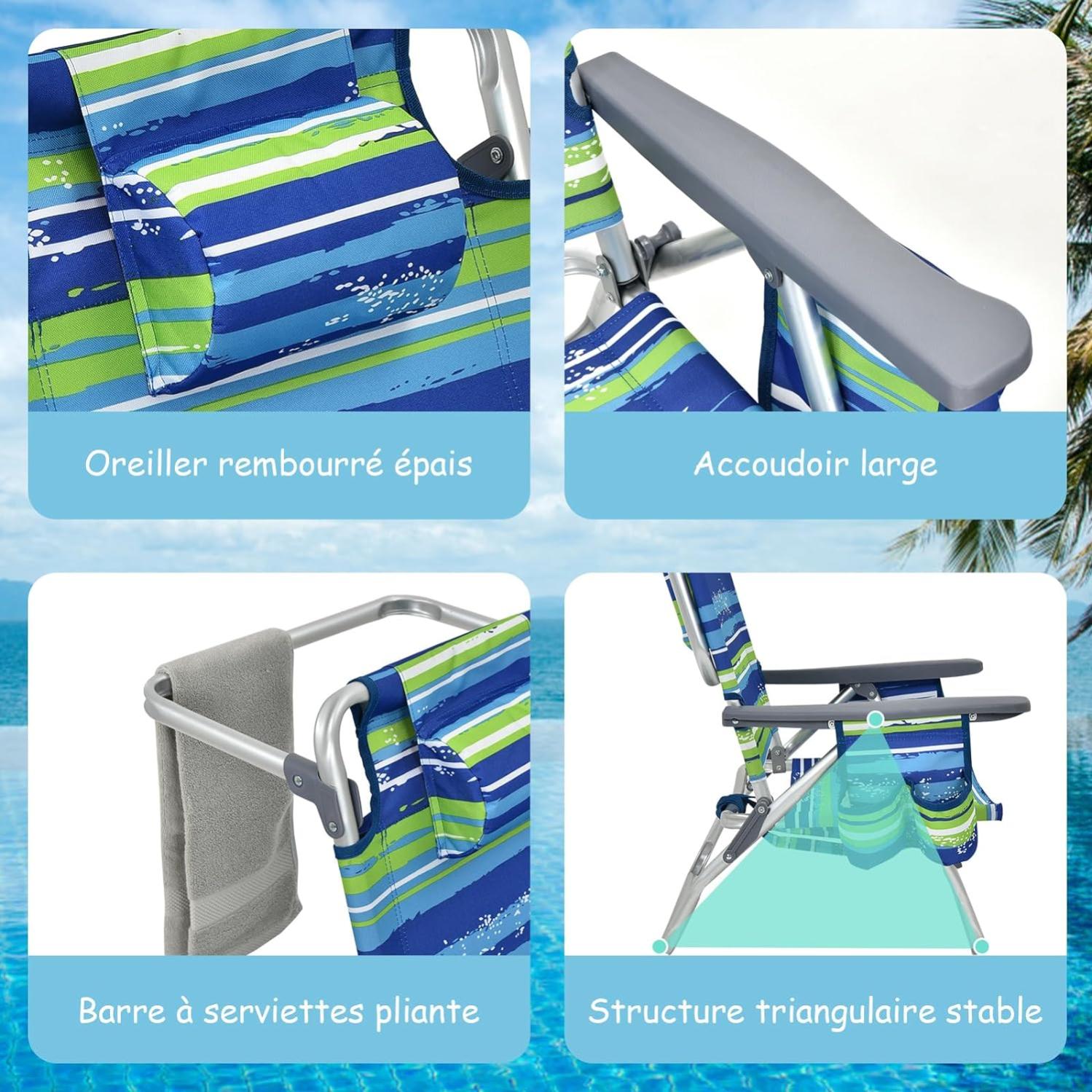 Lot de 2 Chaises de Plage Pliante avec Table Enroulable en Aluminium ...