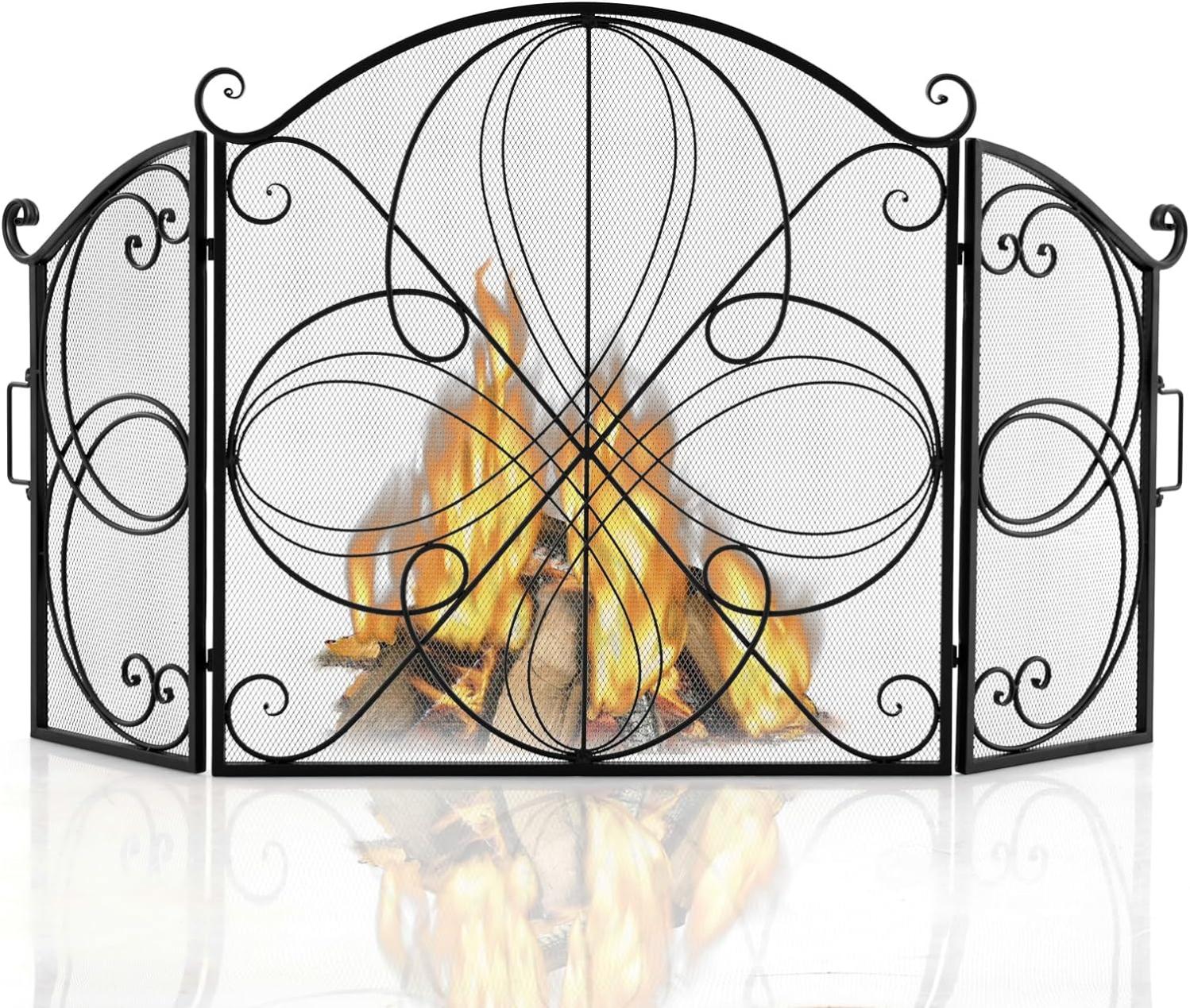 Pare Feu Cheminée Pliable 3 Panneaux en Fer, Écran de Cheminée Pare ...