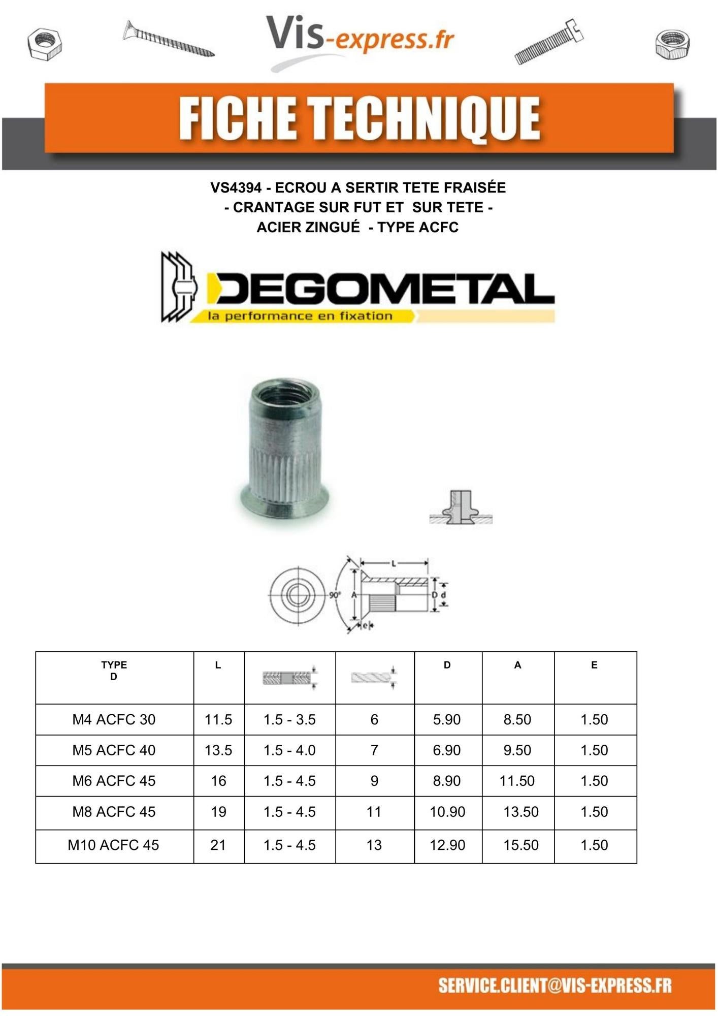 Ecrou à sertir Cranté Tête fraisée TF M8X19 ACFC 45 Acier zingué - 10 ...