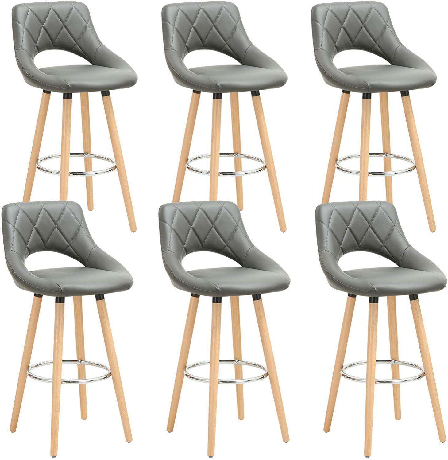 WOLTU Lot de 6 Tabouret de bar. en Cuir synthétique et bois massif avec dossier et repose-pieds ...