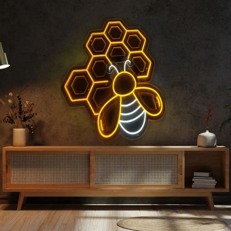 Honeycomb Neon Sign Honey Bee Led Night Light Up pour chambre à coucher ...