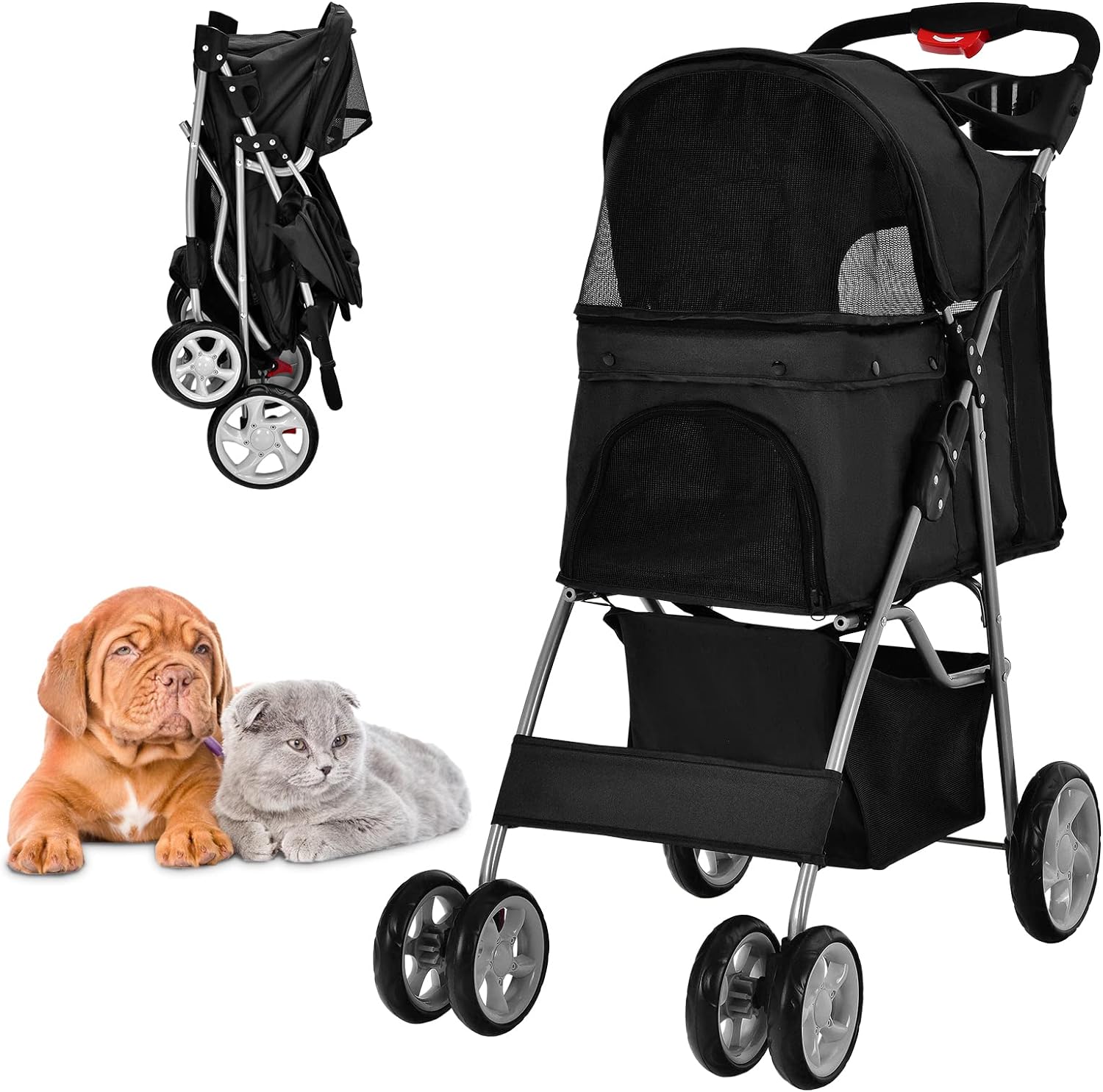Poussette pour Animaux Pliante 4 Roues avec Fenêtres, Porte-gobelet et ...