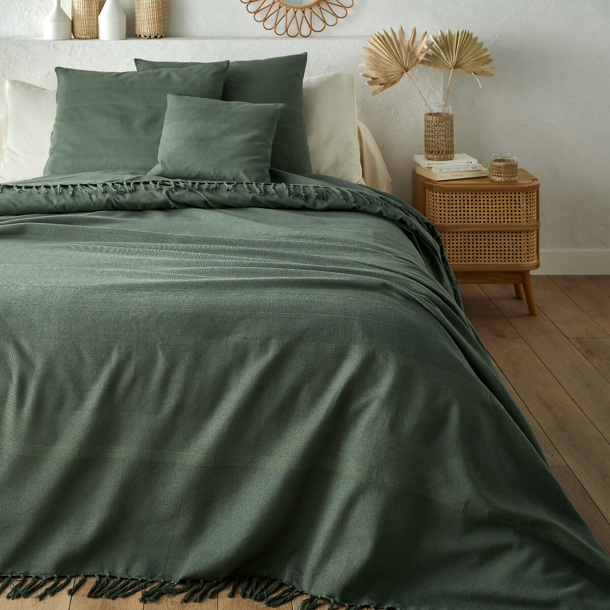 Dessus de lit frangé coton, Nedo - Vert - 150 x 150 cm | Leroy Merlin