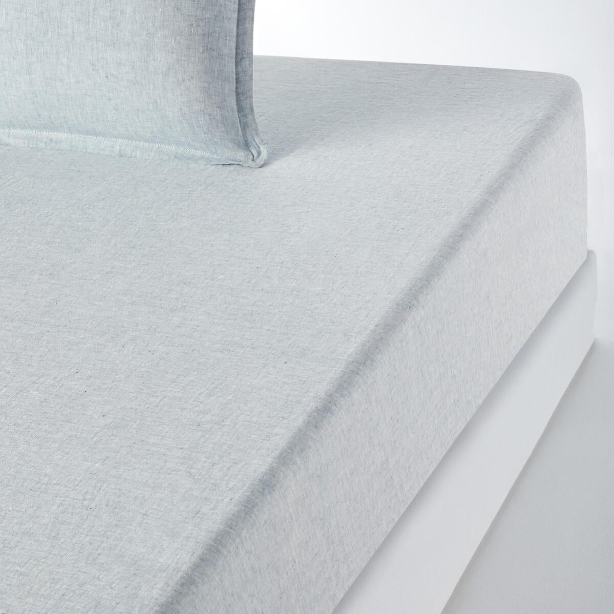Drap housse lin lavé, bonnet 35 cm, Linot - Bleu chambray - 180 x 200 ...