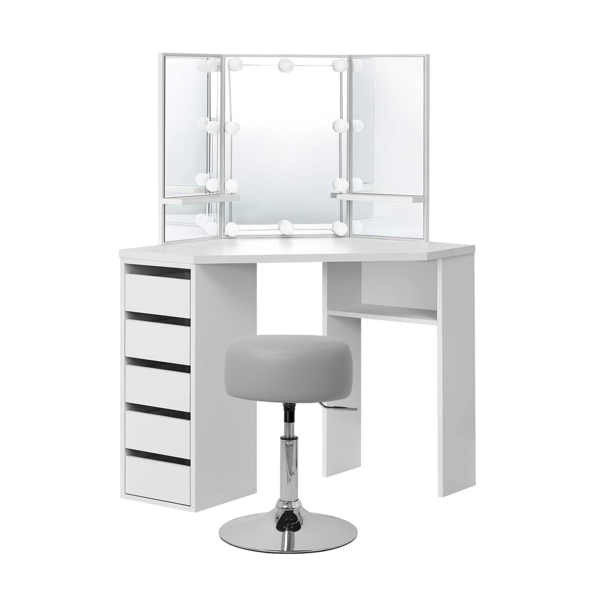 Coiffeuse LED d'angle Coiffeuse Commode Miroir Tabouret Gris Clair ...