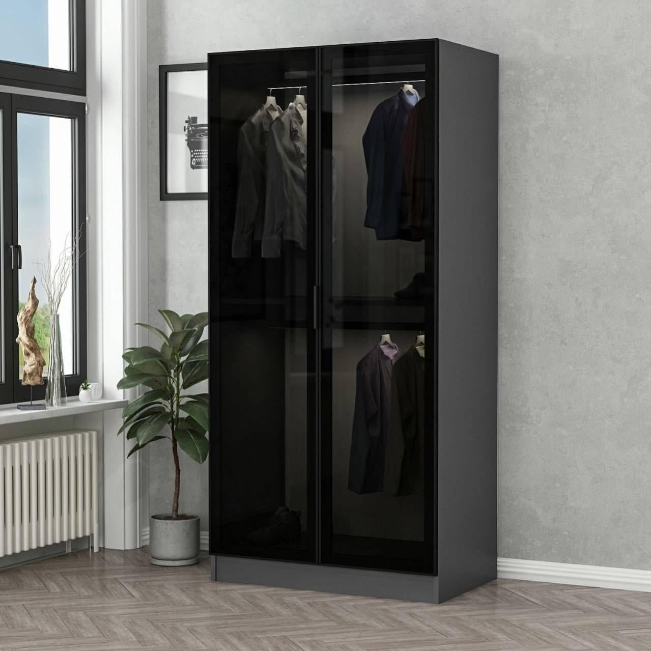Dressing 2 portes Verre fumé Noir Antipaxos L90xH210cm 2 tringles ...