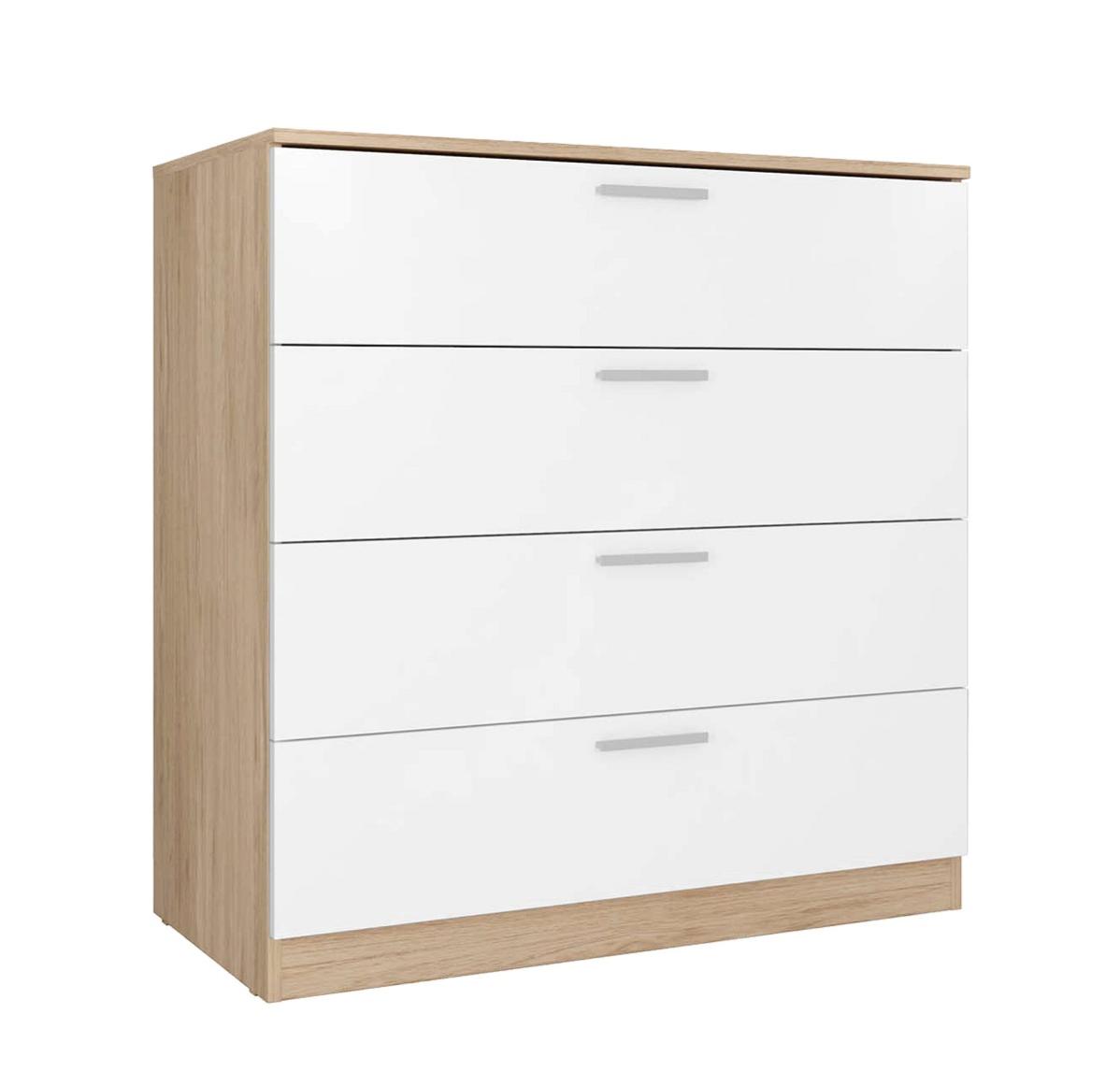 Commode, meuble de rangement avec 4 tiroirs coloris Blanc, chêne cambrian - longueur 90 x ...