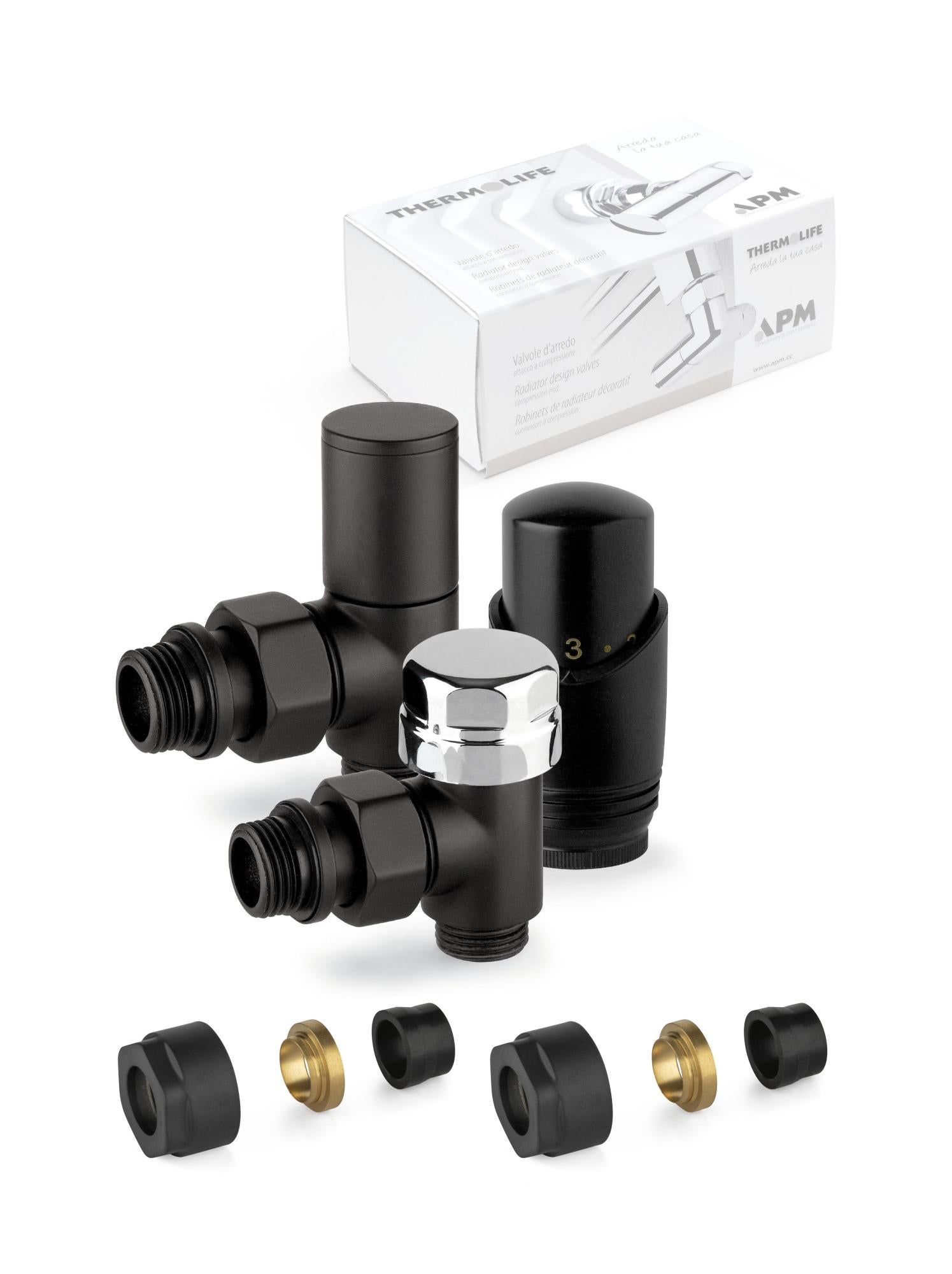Kit valvole d'arredo termostatizzabili colore nero con raccordo per tubo rame APM 100KNN 015 R ...