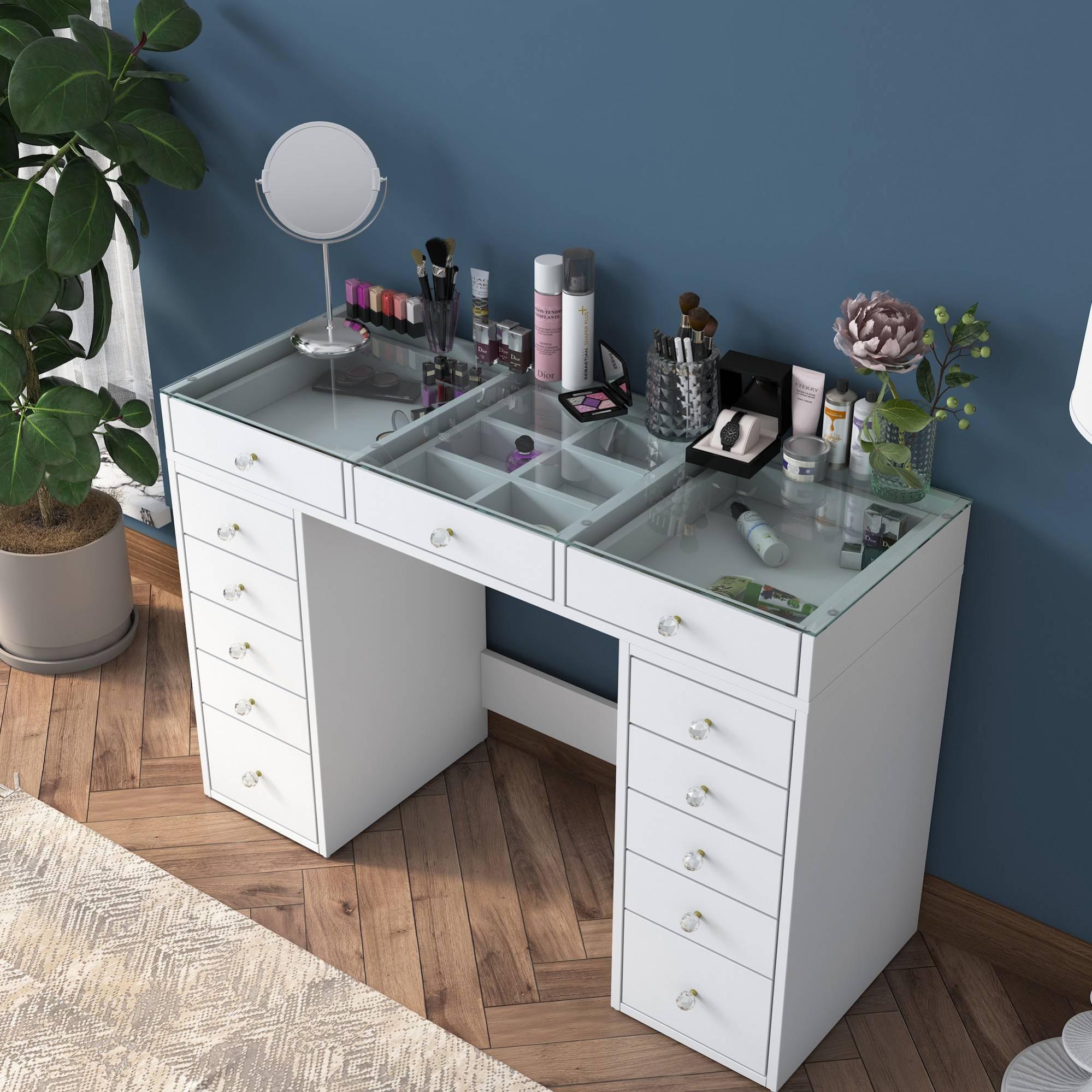 Coiffeuse moderne avec dessus Transparent Beline L120cm Blanc | Leroy ...