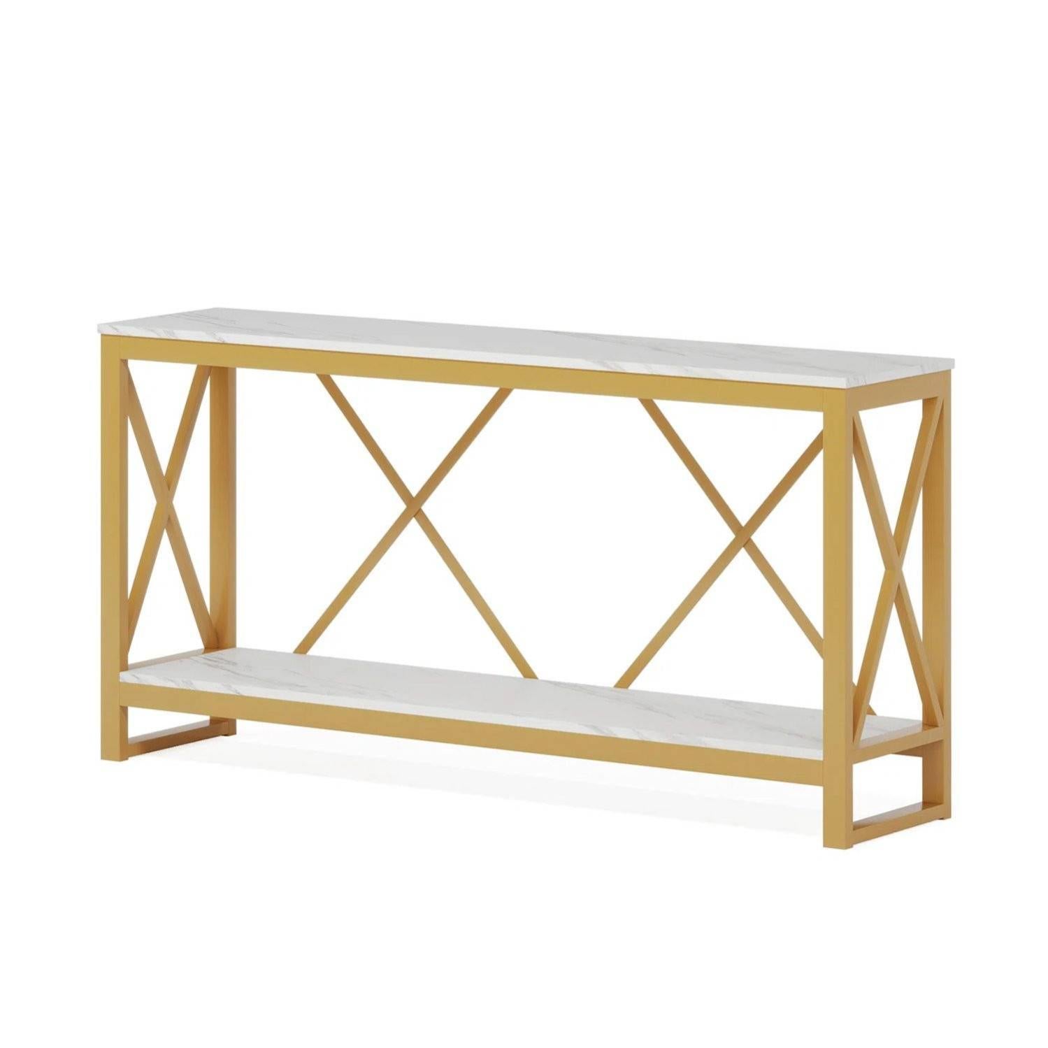 Console style industriel Abulda L150cm Métal Or et Bois Effet marbre ...