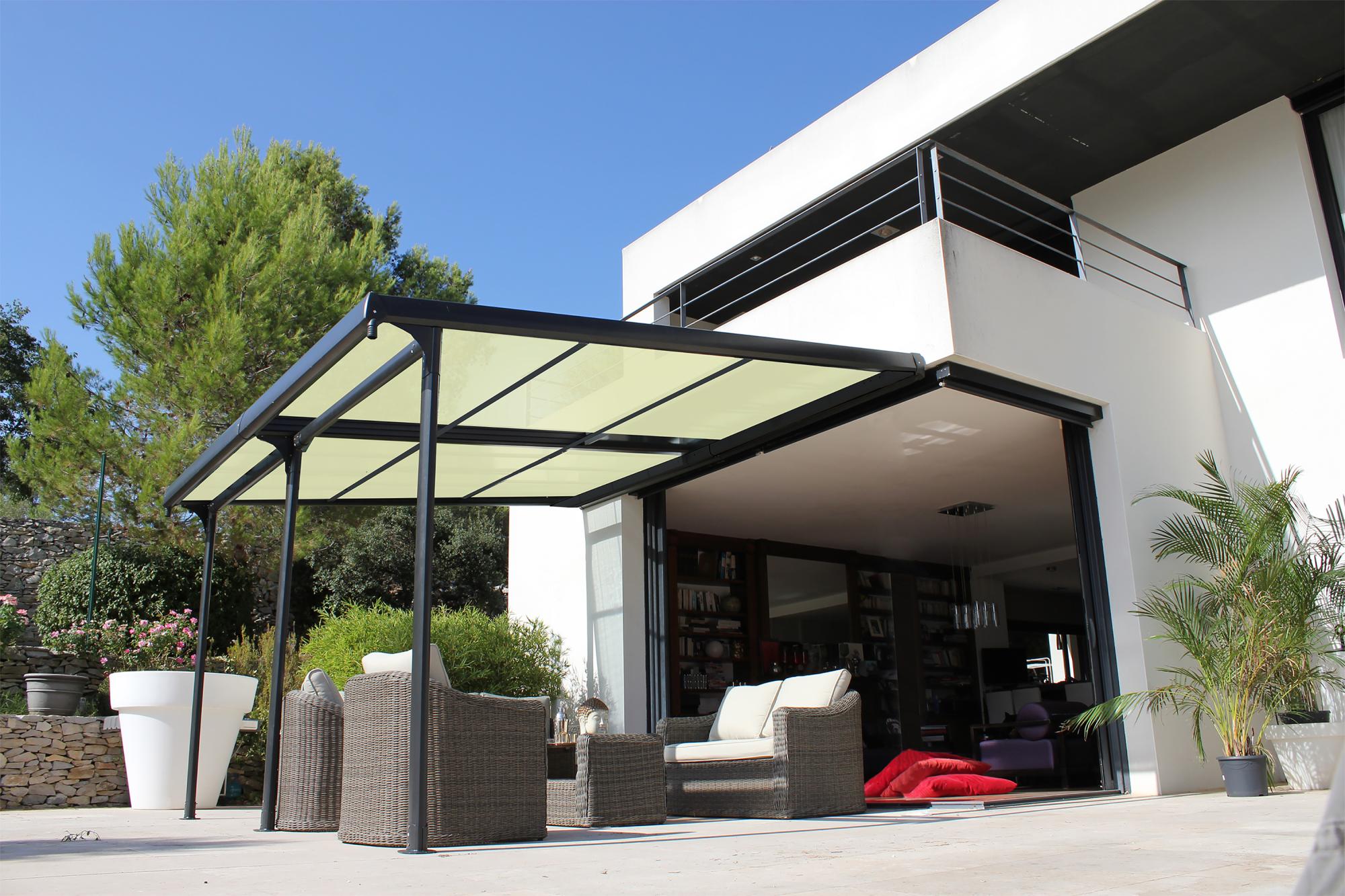 AZURA - PERGOLA ADOSSEE 3.5X4 M AVEC TOILE RENFORCEE 490gr/m² | Leroy ...