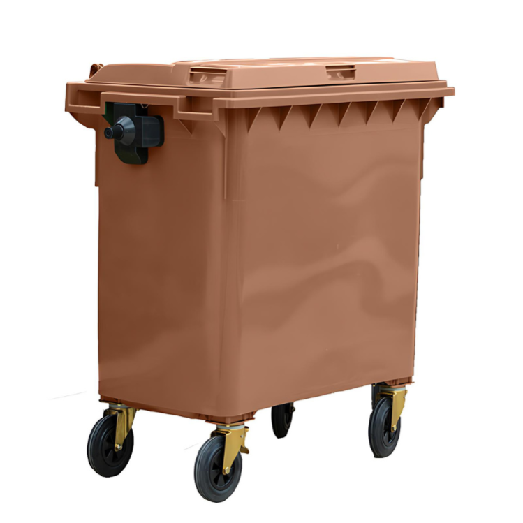 Contenitore per rifiuti in plastica con ruote, corpo marrone, coperchio ...