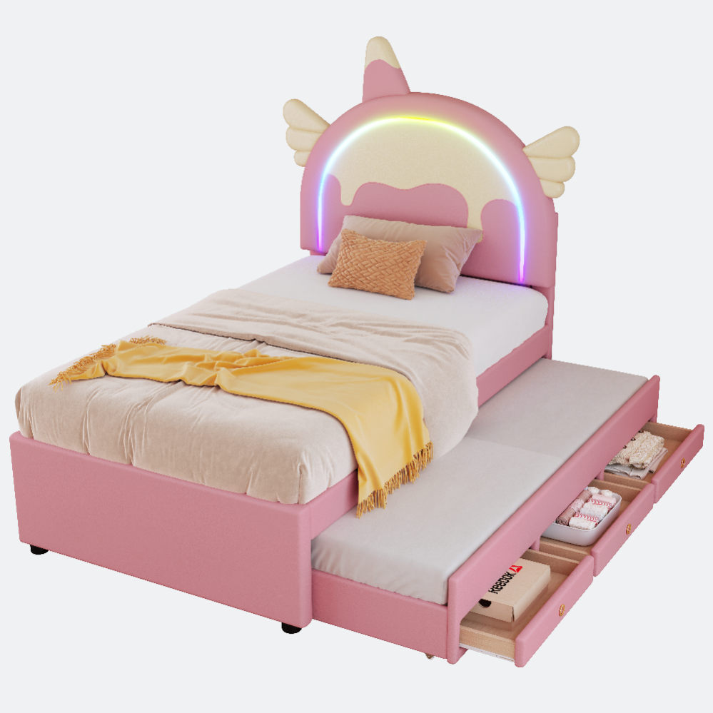 Rose 140 * 200cm Cartoon lit d'enfant, pu matériel, avec lit extensible ...