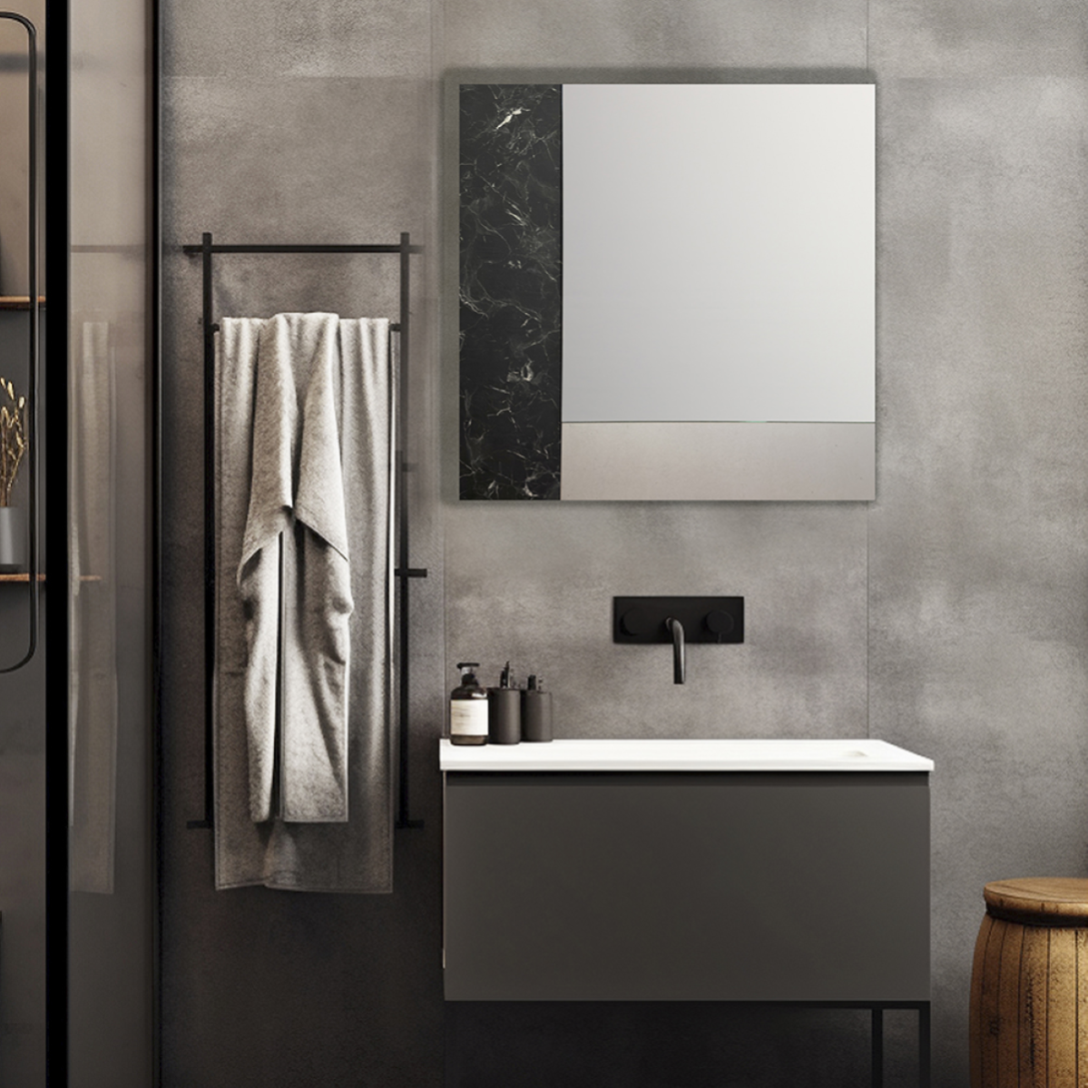 Specchio moderno quadrato 80 cm effetto marmo nero e foglia argento ...