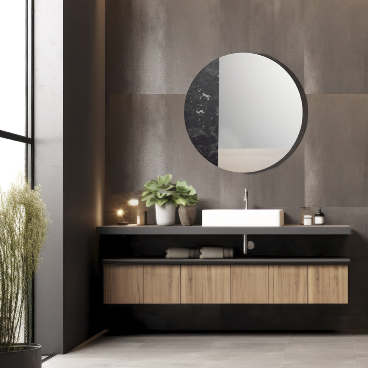 Specchio rotondo 80 cm marmo laminato nero e foglia argento - THOMAS ...