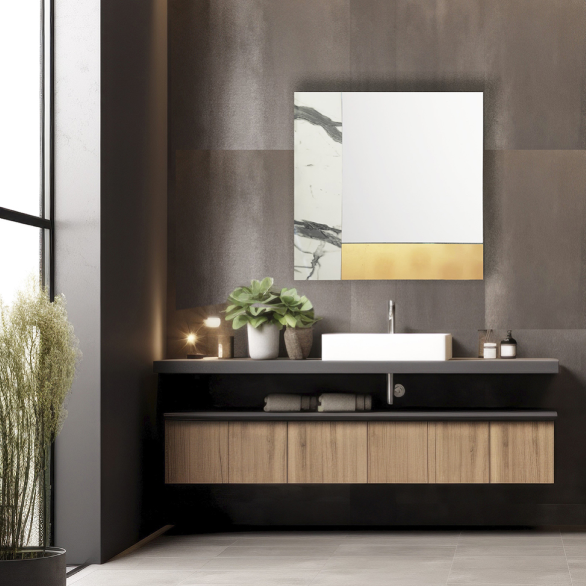 Specchio moderno quadrato 80 cm effetto marmo bianco e foglia oro ...