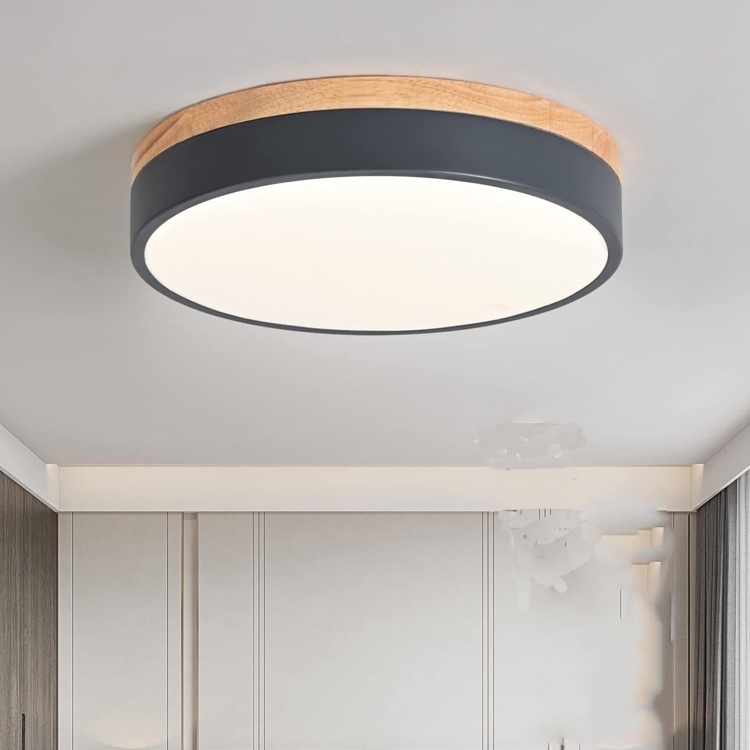 Plafonnier gris, plafonnier rond moderne en bois, 4000K, adapté pour ...