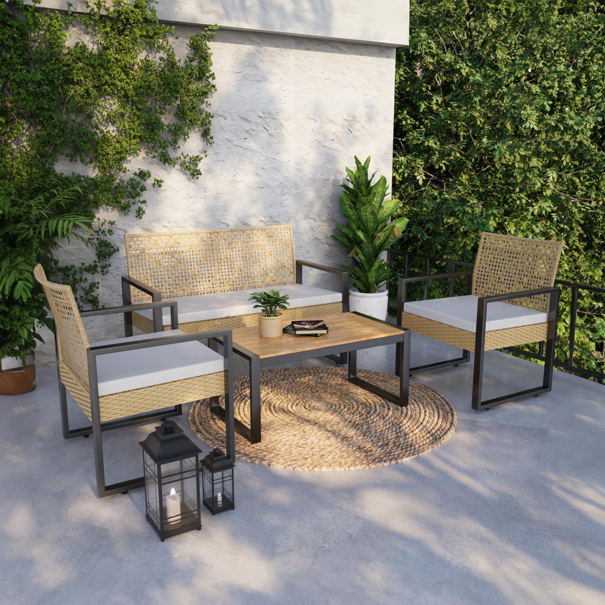 Salon de jardin 4 pièces Calciano aspect rotin beige noir naturel casa ...