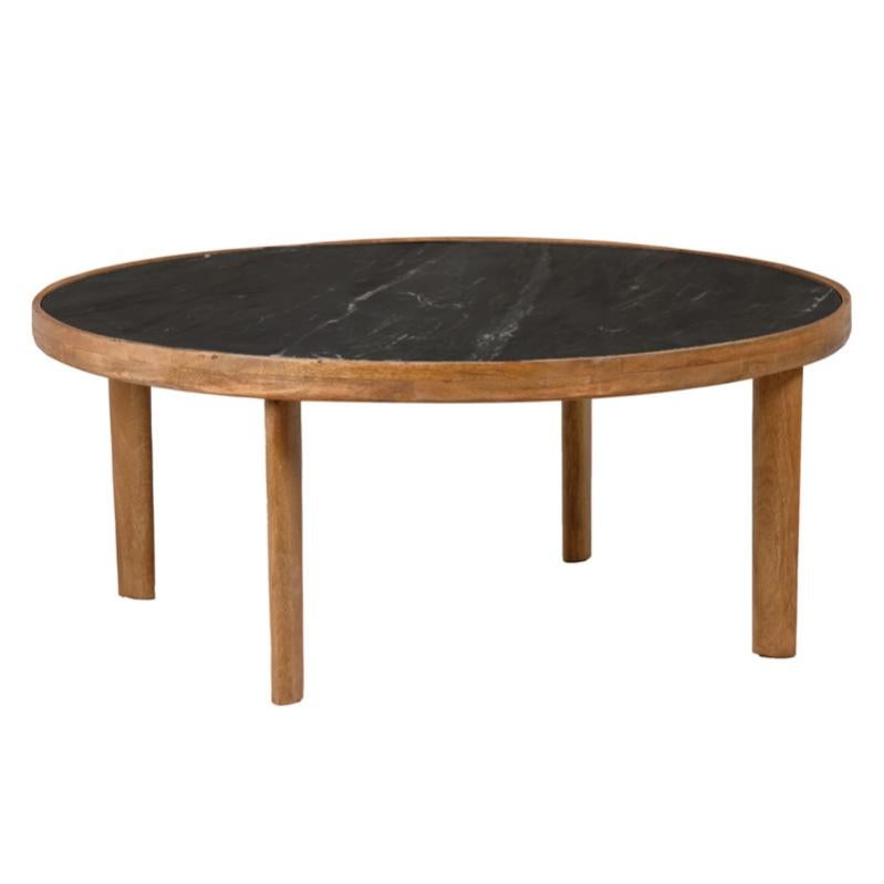 Table basse ronde 90 cm en bois de manguier et marbre noir - OCALA ...