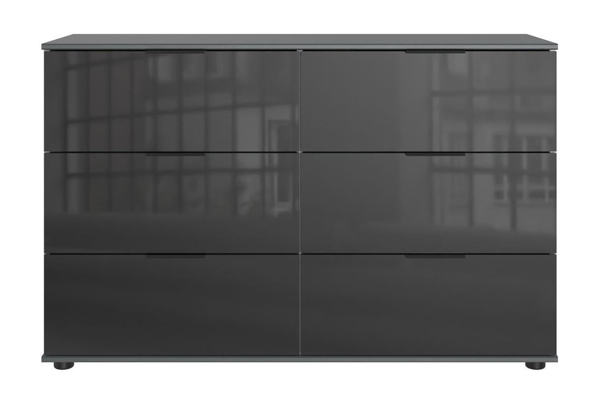 Commode, meuble de rangement à 6 tiroirs coloris graphite, verre noir - Longueur 130 x Hauteur ...